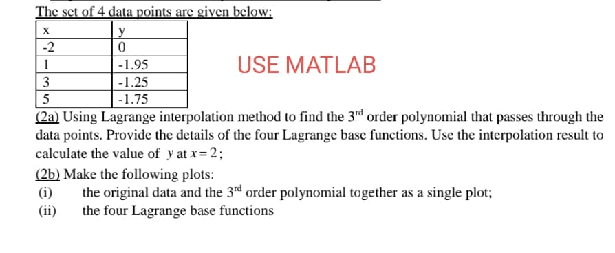 Solved -2 0 USE MATLAB 1.25 1.75 3 2a) Using Lagrange | Chegg.com