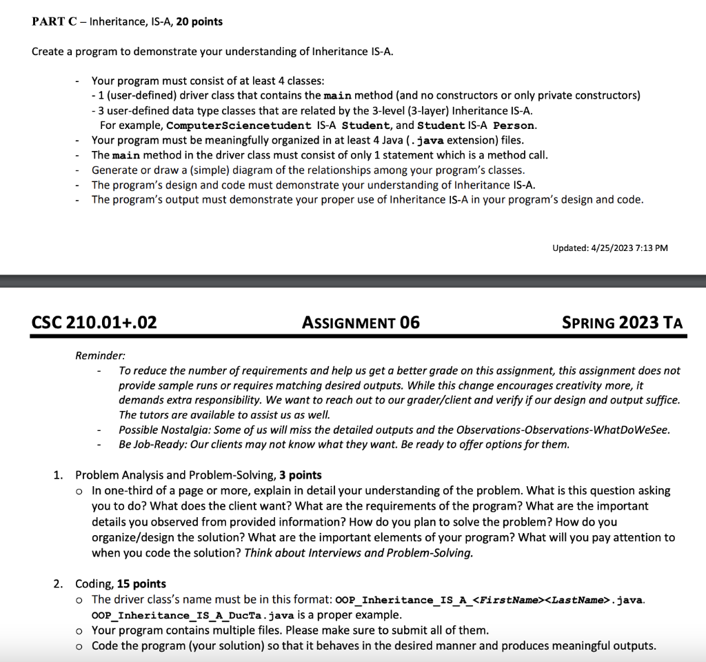 Solved PART C - Inheritance, IS-A, 20 points Create a | Chegg.com