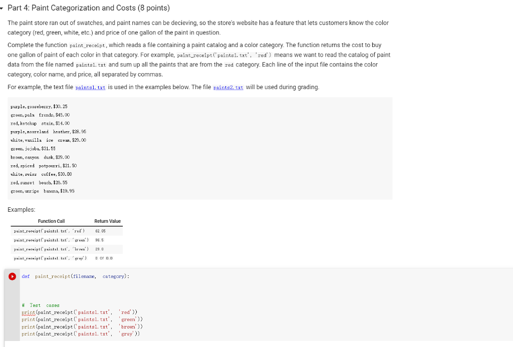 Solved Part 4: Paint Categorization and Costs ( 8 points) | Chegg.com