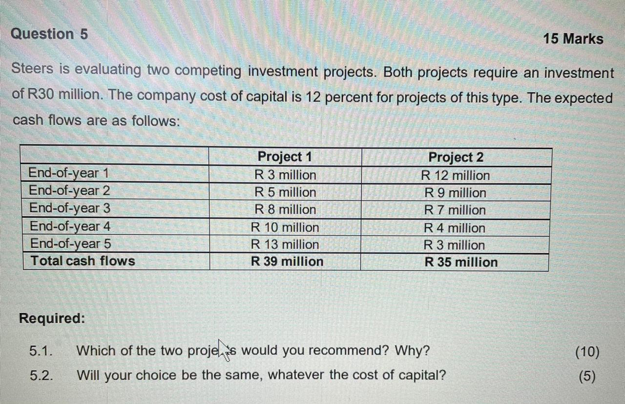 Solved Question 5 15 Marks Steers is evaluating two | Chegg.com