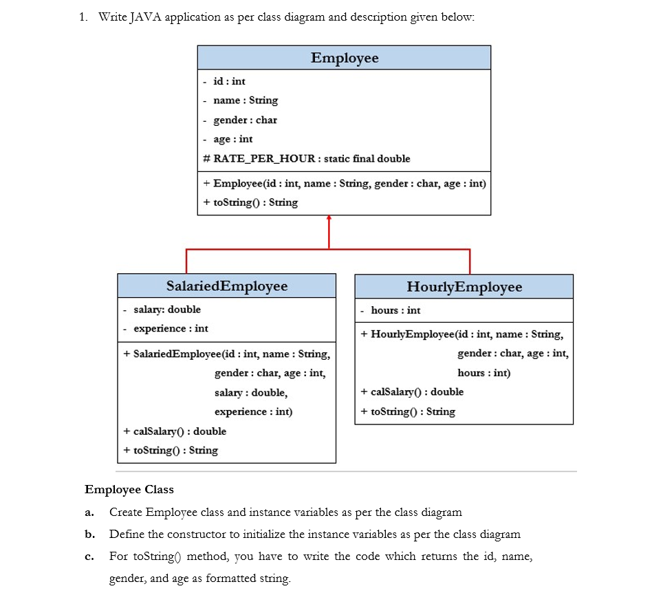 Solved 1. Write JAVA application as per class diagram and | Chegg.com