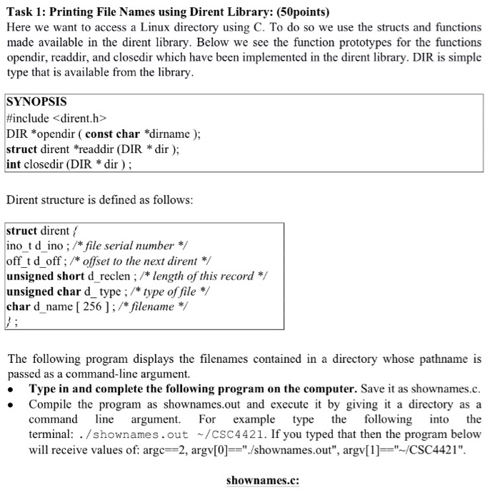 Solved Task 1: Printing File Names using Dirent Library: | Chegg.com