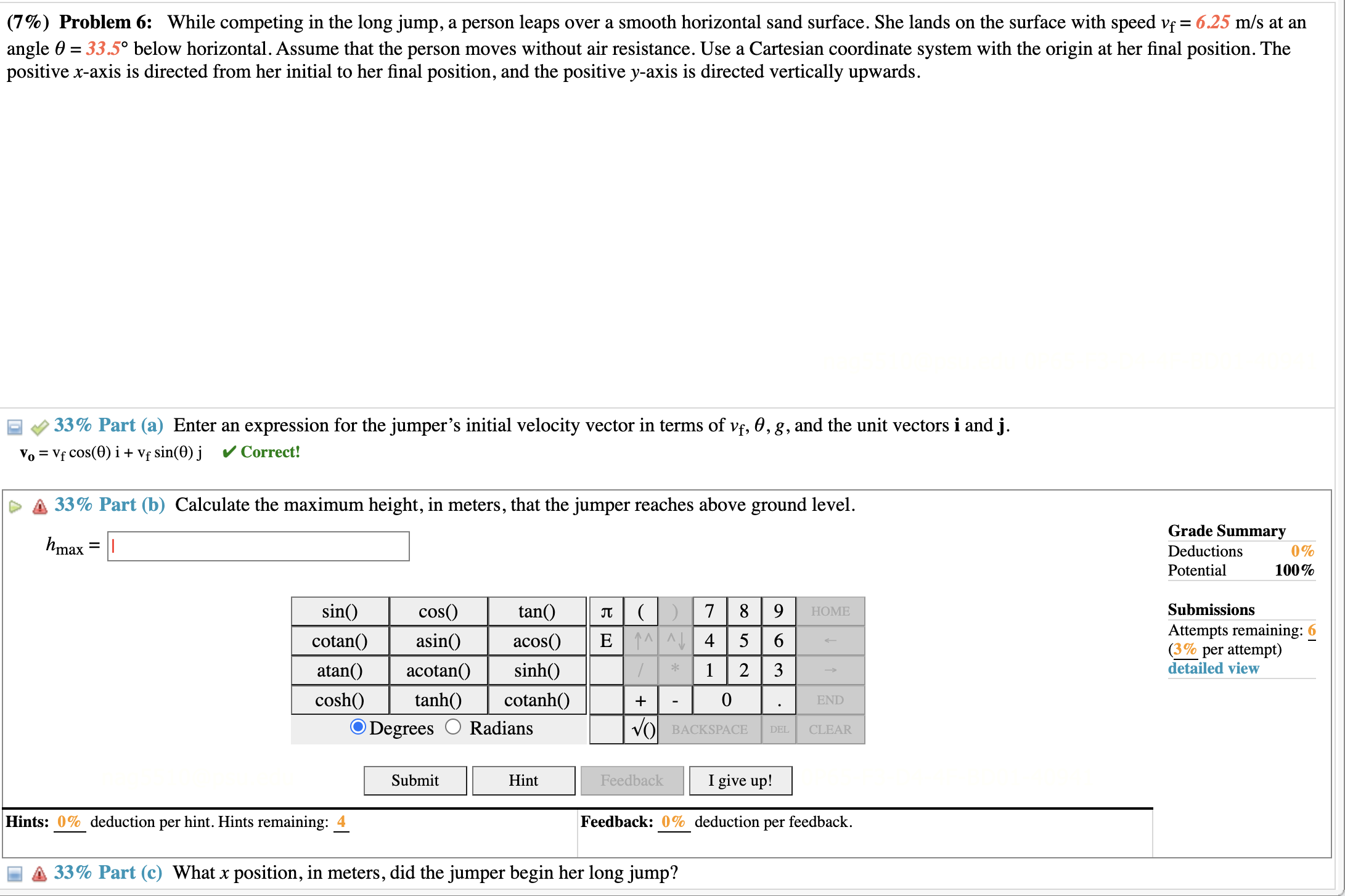 Solved (7\%) Problem 6: While competing in the long jump, a | Chegg.com