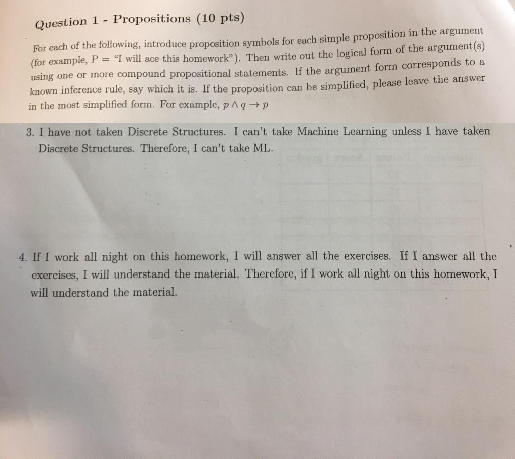 Solved Question 1 - Propositions (10 pts) For each of the | Chegg.com