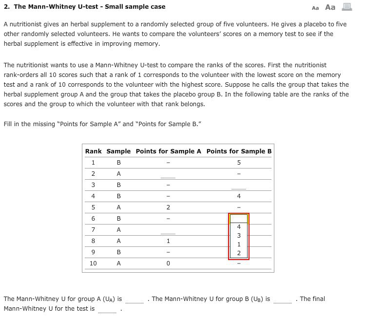 Solved 2. The Mann-Whitney U-test - Small sample case Aa Aa | Chegg.com