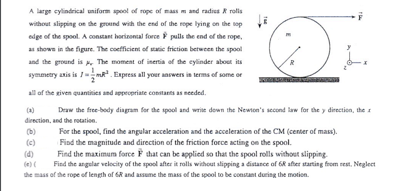 Solved fon A large cylindrical uniform spool of rope of mass | Chegg.com