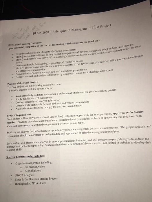 BUSN 2050- Principles of Management Final Project | Chegg.com
