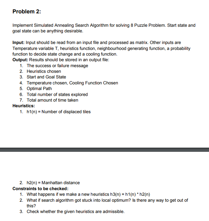 Problem 2: Implement Simulated Annealing Search | Chegg.com