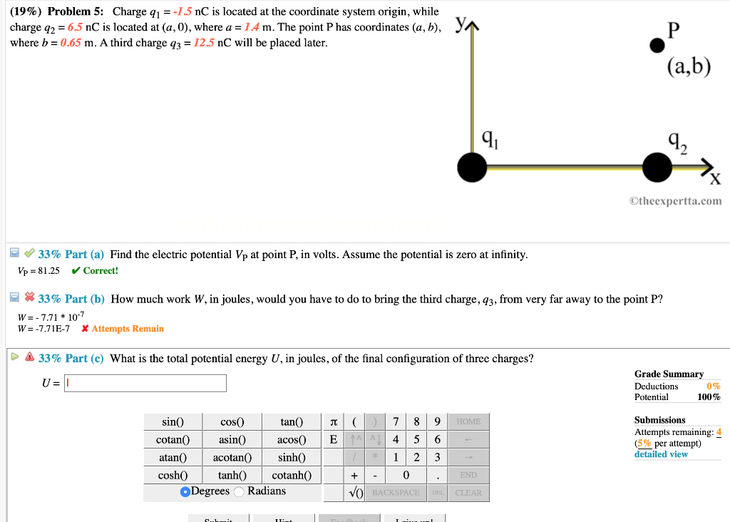 Solved (19%) Problem 5: Charge 91 = -1.5 nC is located at | Chegg.com