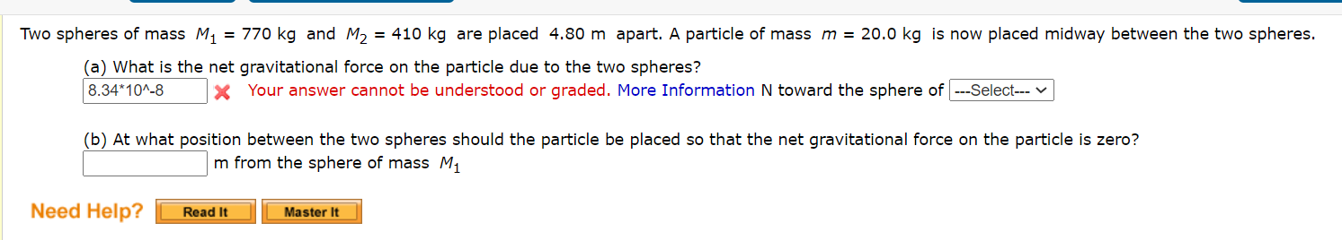 Solved Two spheres of mass M1 = 770 kg and M2 = 410 kg are | Chegg.com