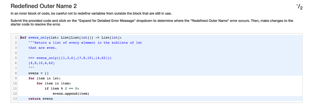 Solved Redefined Outer Name 2 In an inner block of code, be | Chegg.com
