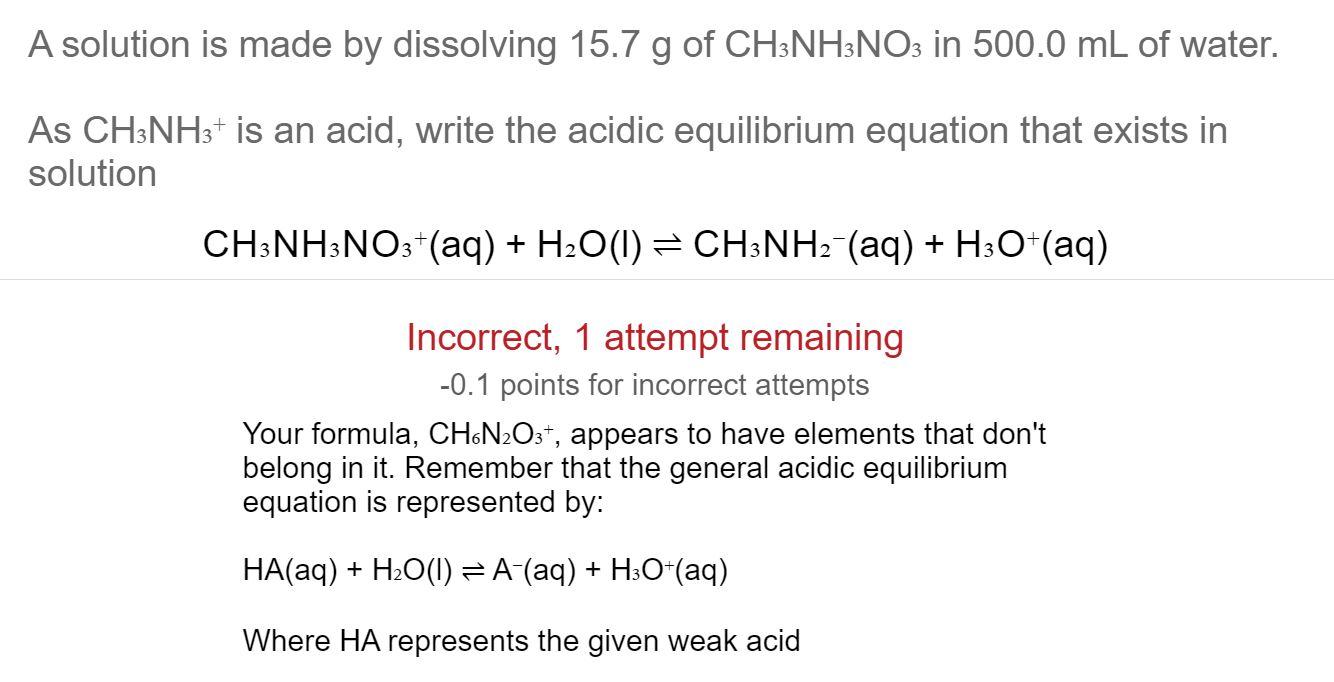 Solved A solution is made by dissolving 15.7 g of CH₃NH₃NO₃ | Chegg.com