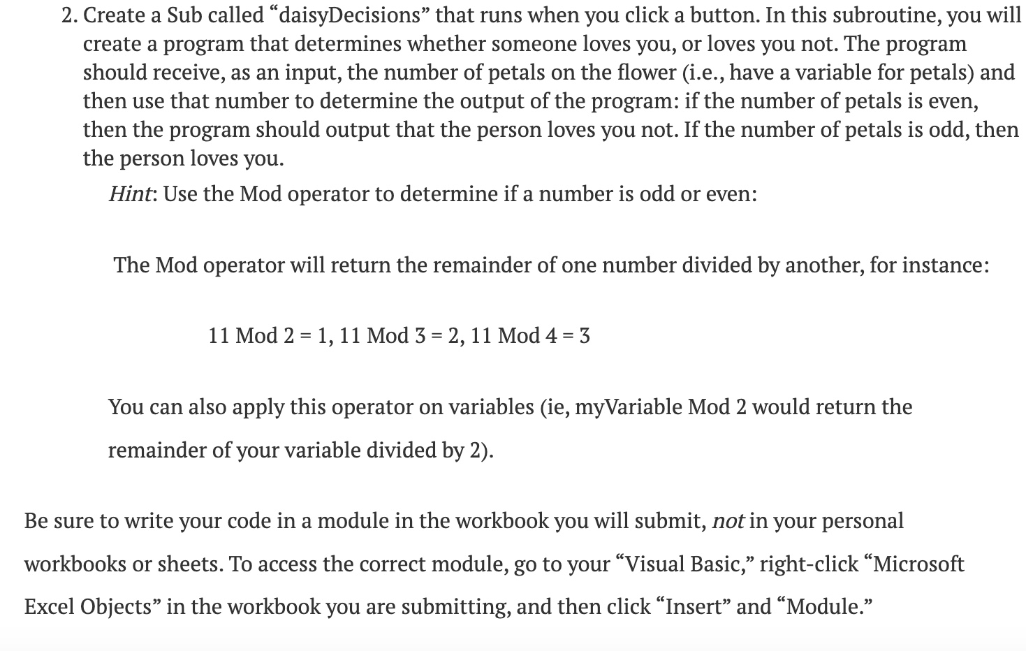 Solved 2. Create a Sub called "daisyDecisions" that runs | Chegg.com