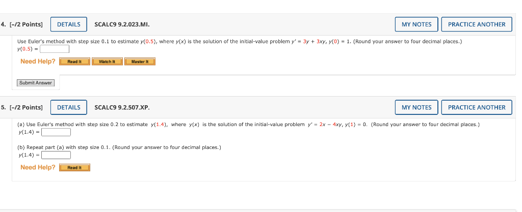Solved [-/2 Points] SCALC9 9.2.023.MI. Use Euler's method | Chegg.com