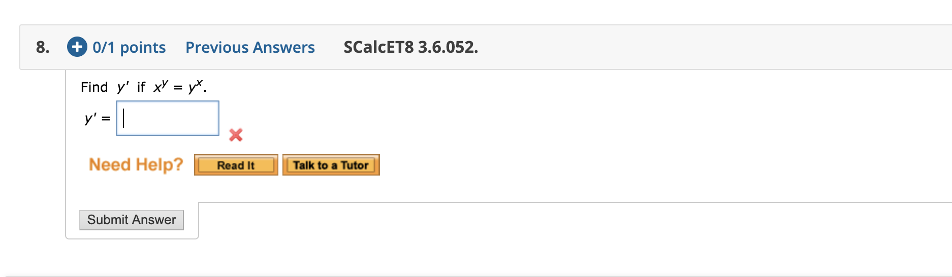 Solved 8. + 0/1 points Previous Answers ScalcET8 3.6.052. | Chegg.com