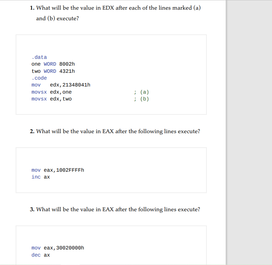 1. What will be the value in EDX after each of the | Chegg.com