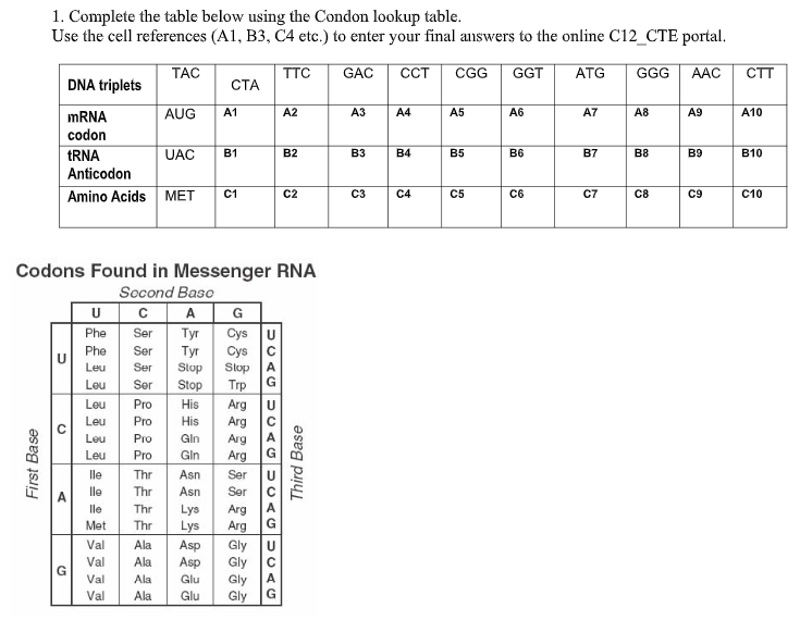 Solved 1. Complete the table below using the Condon lookup | Chegg.com
