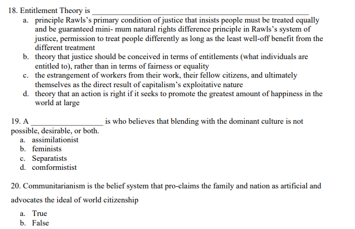 Solved 18. Entitlement Theory is a. principle Rawls's | Chegg.com