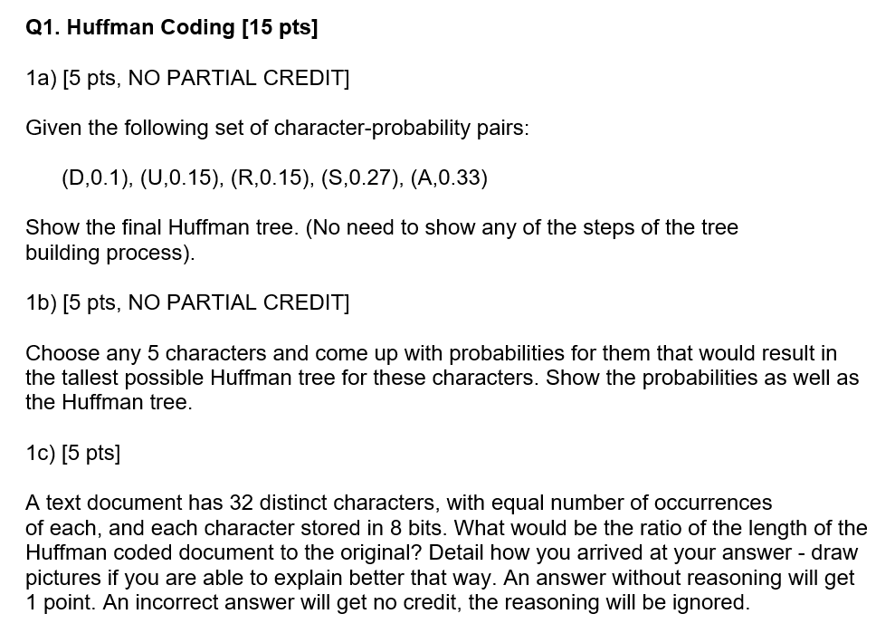 Solved Q1. Huffman Coding (15 pts] 1a) [5 pts, NO PARTIAL | Chegg.com