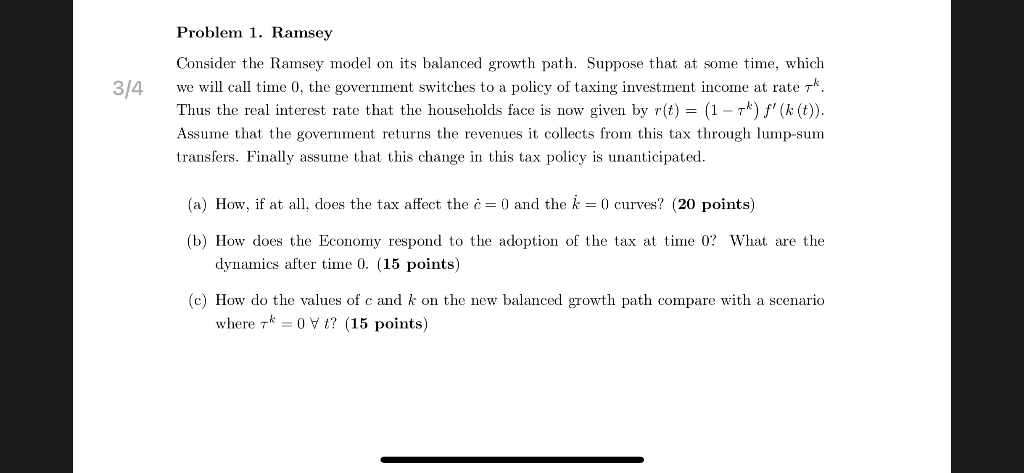 Solved 3/4 Problem 1. Ramsey Consider the Ramsey model on | Chegg.com