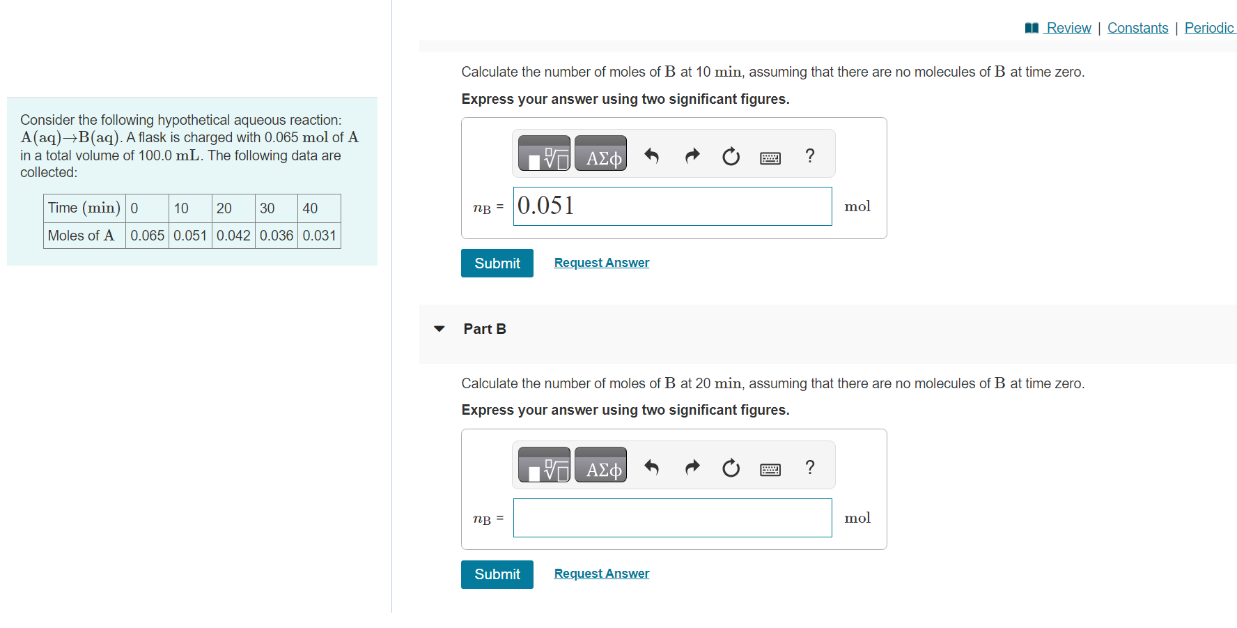 Solved Calculate the number of moles of B at 10 min, | Chegg.com