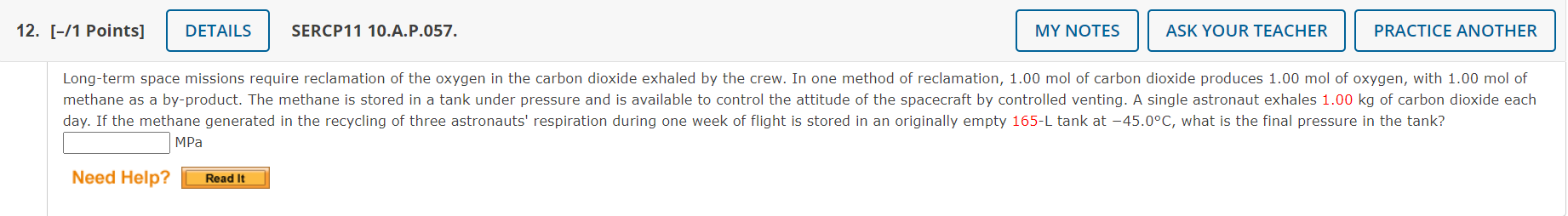 Solved [-/1 ﻿Points]SERCP11 10.A.P.057.| ﻿MPaNeed Help? | Chegg.com