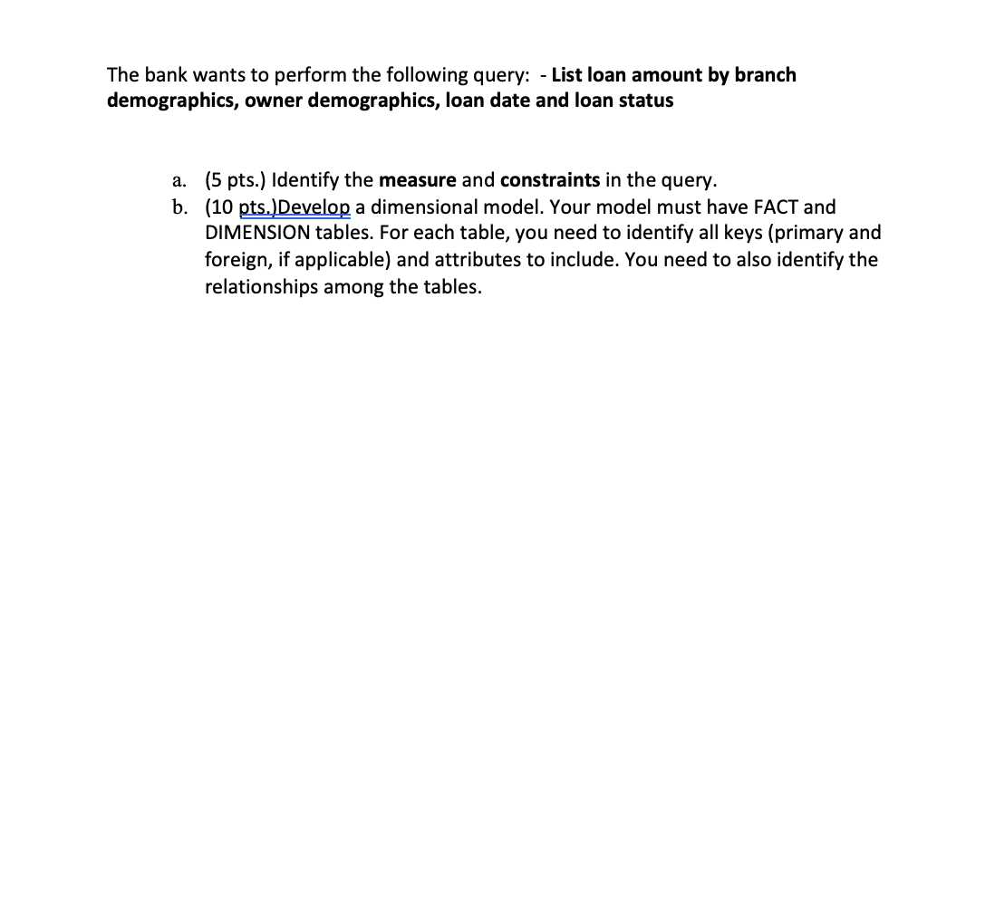 Solved You are to develop a dimensional model for a bank | Chegg.com