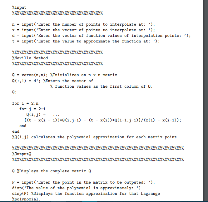 Solved %Lagrange Polynomial Algorithm by %Neville | Chegg.com