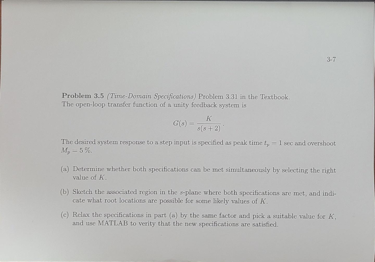3-7 Problem 3.5 (Time-Domain Specifications) Problem | Chegg.com