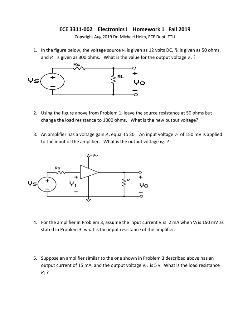 Solved ECE 3311-002 Electronics Homework 1 Fall 2019 | Chegg.com