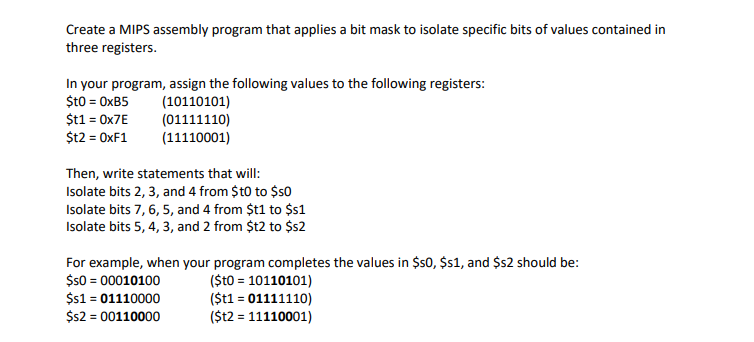 Create a MIPS assembly program that applies a bit | Chegg.com