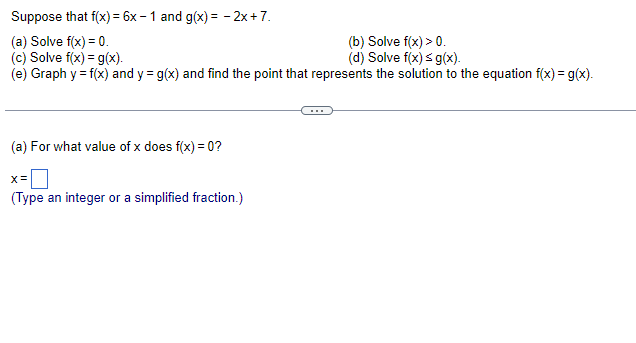 Solved Suppose that f(x)=6x−1 and g(x)=−2x+7. (a) Solve | Chegg.com