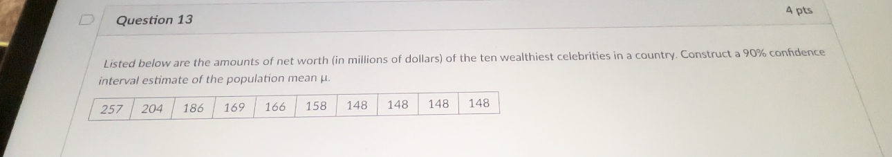 Solved Listed below are the amounts of net worth (in | Chegg.com