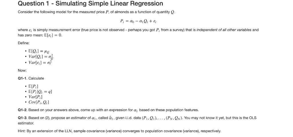 Question 1 - Simulating Simple Linear Regression | Chegg.com