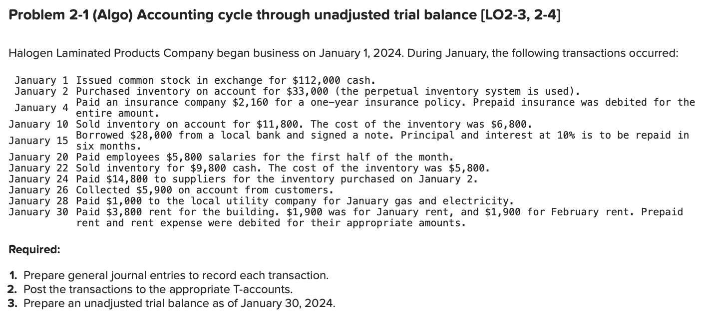 Solved Problem 2-1 (Algo) Accounting cycle through | Chegg.com