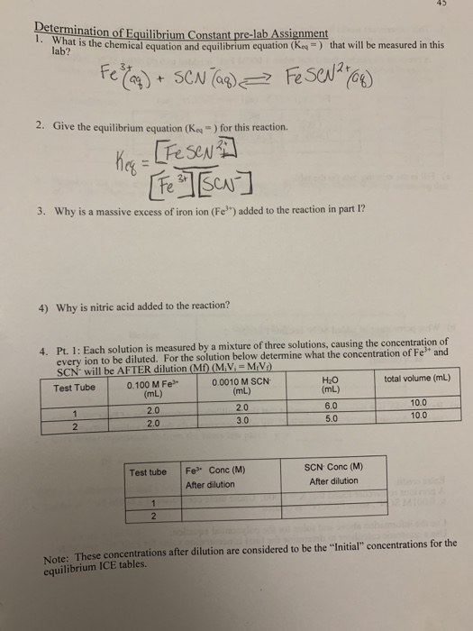 45 Determination of Equilibrium Constant pre-lab | Chegg.com