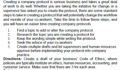 Creating a company protocol is serious business and | Chegg.com