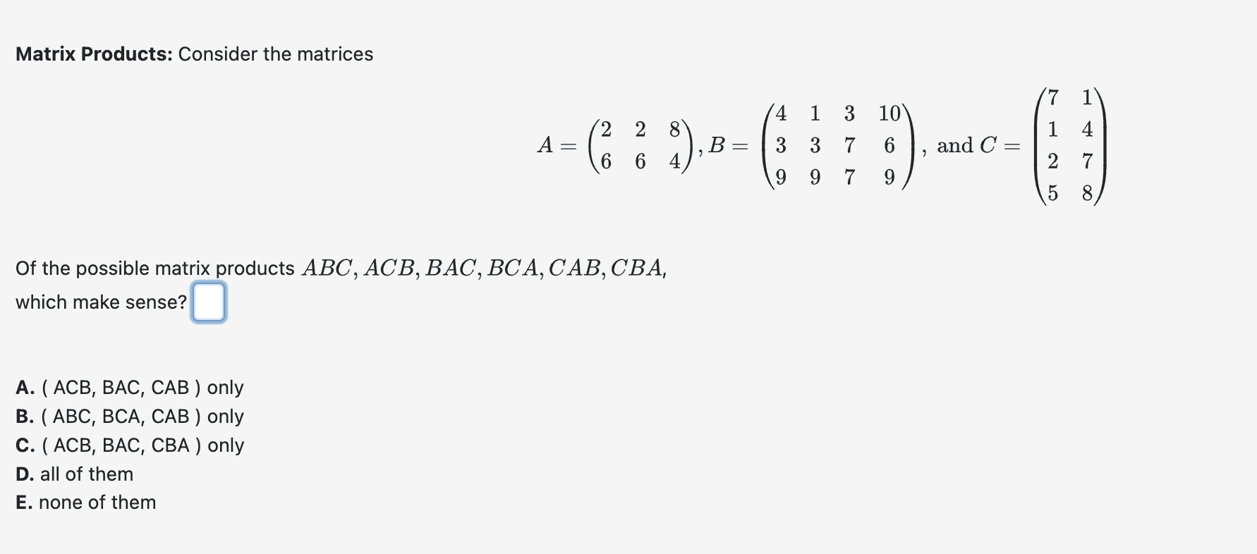 Solved Matrix Products: Consider the matrices | Chegg.com