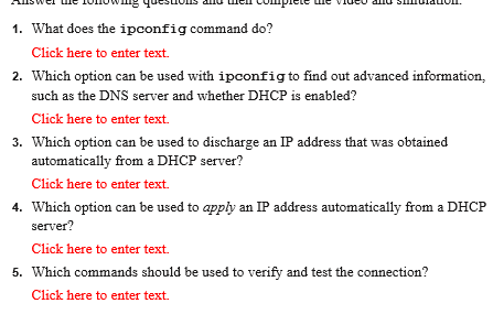 Solved 1. What does the ipconfig command do? Click here to | Chegg.com