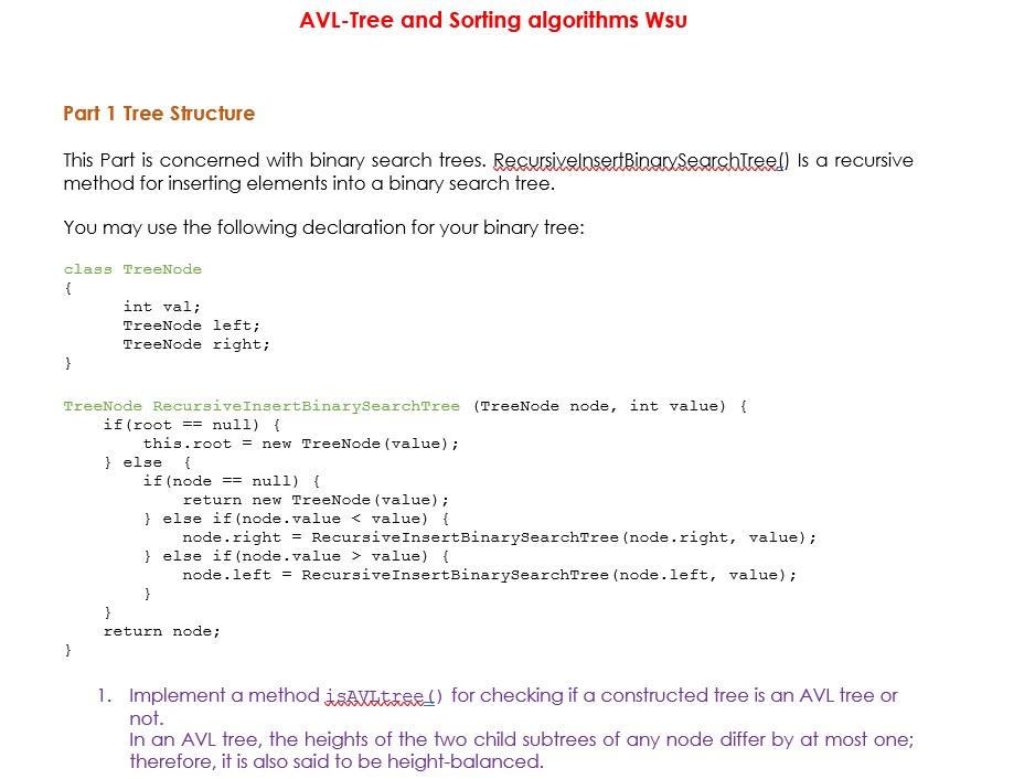 Solved AVL-Tree and Sorting algorithms Wsu Part 1 Tree | Chegg.com
