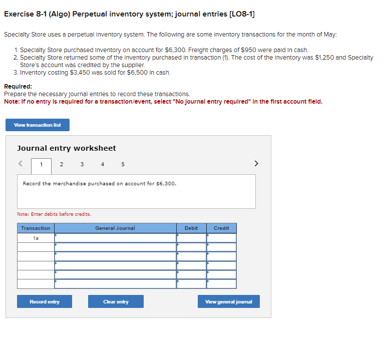 Solved Exercise 8-1 (Algo) Perpetual inventory system; | Chegg.com