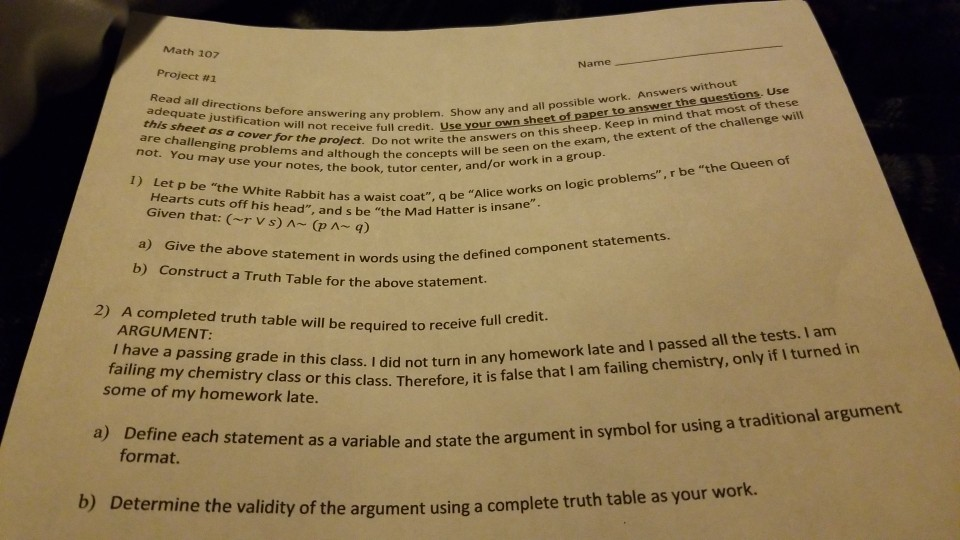 Solved Math 107 Name Project #1 wer that mos Read all | Chegg.com