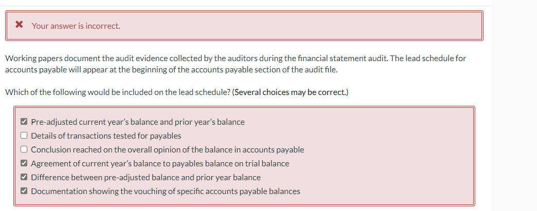 Solved Your answer is incorrect. Vorking papers document the | Chegg.com