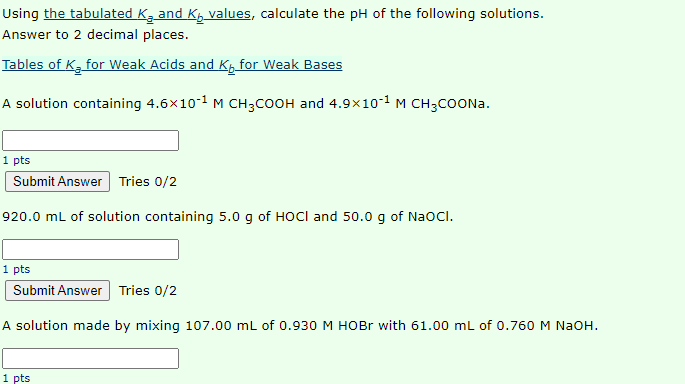 Solved Using the tabulated K, and Ky values, calculate the | Chegg.com