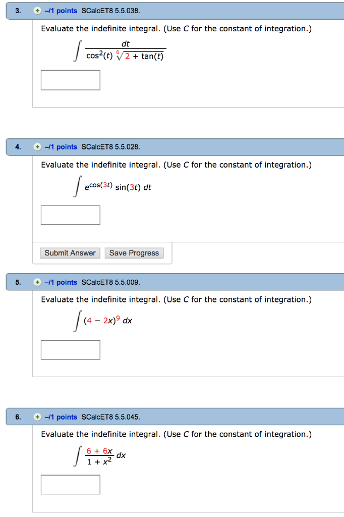 Solved 3. -11 points SCalcET8 5.5.038 Evaluate the | Chegg.com