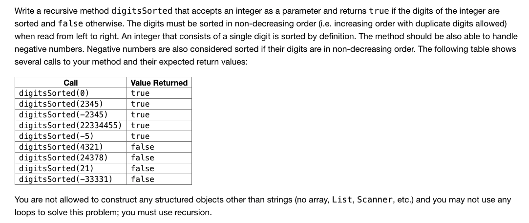 Solved Write a recursive method digits Sorted that accepts | Chegg.com