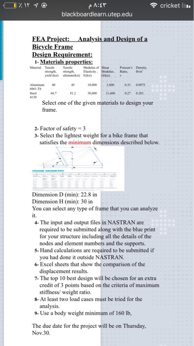 令cricket III. blackboardlearn.utep.edu FEA Project: | Chegg.com