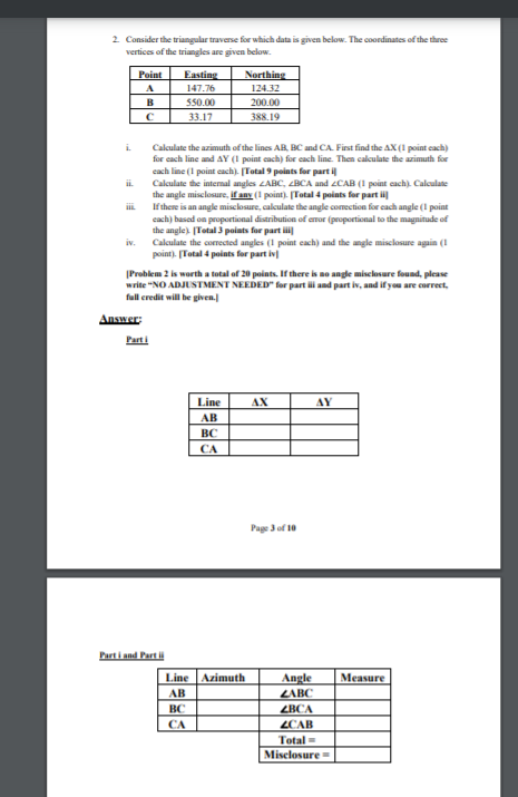 Solved 2. Consider the triangular traverse for which data is | Chegg.com