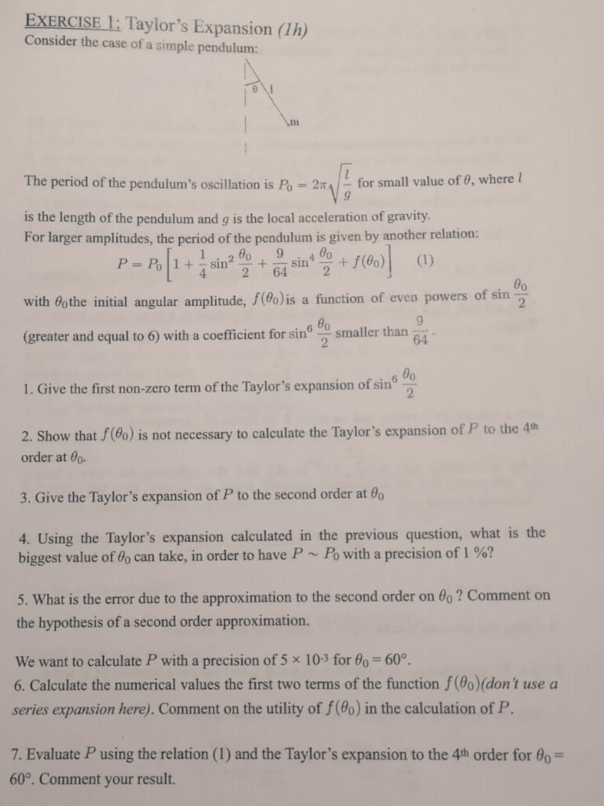 Solved EXERCISE 1: Taylor's Expansion (1h) Consider the case | Chegg.com