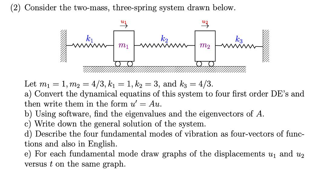 Solved 2) Consider the two-mass, three-spring system drawn | Chegg.com